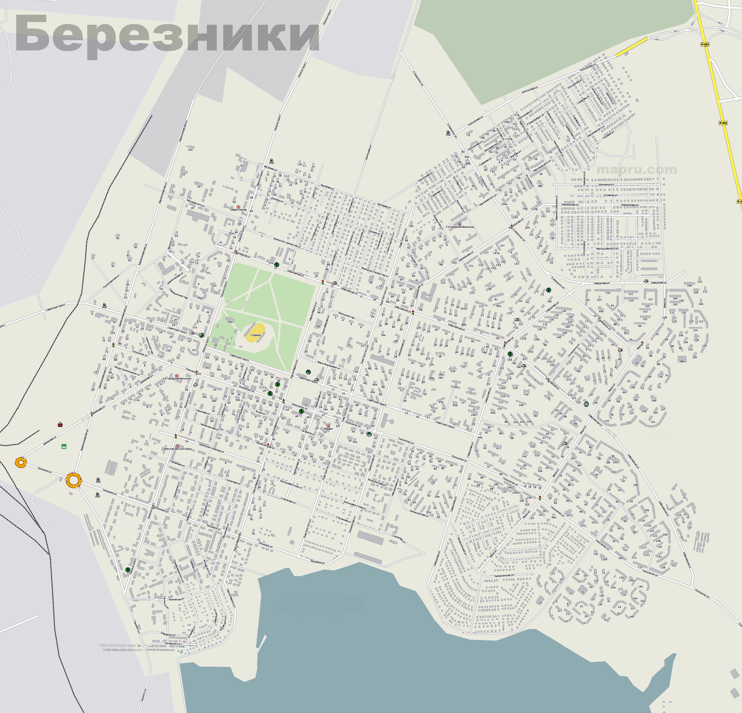 Карта Березников, Пермский край (Россия) на русском языке, расположение ...